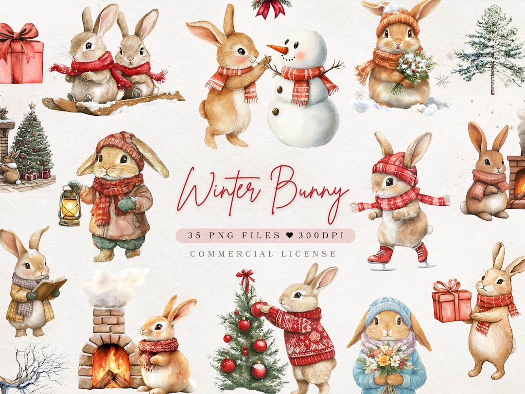 Watercolor Winter Bunny Clipart Winter Rabbit Festive Clipart | Winter ...
