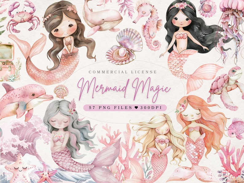 Watercolor Mermaid Clipart Mermaid Magic, Cute Mermaid Clipart, Sealife ...