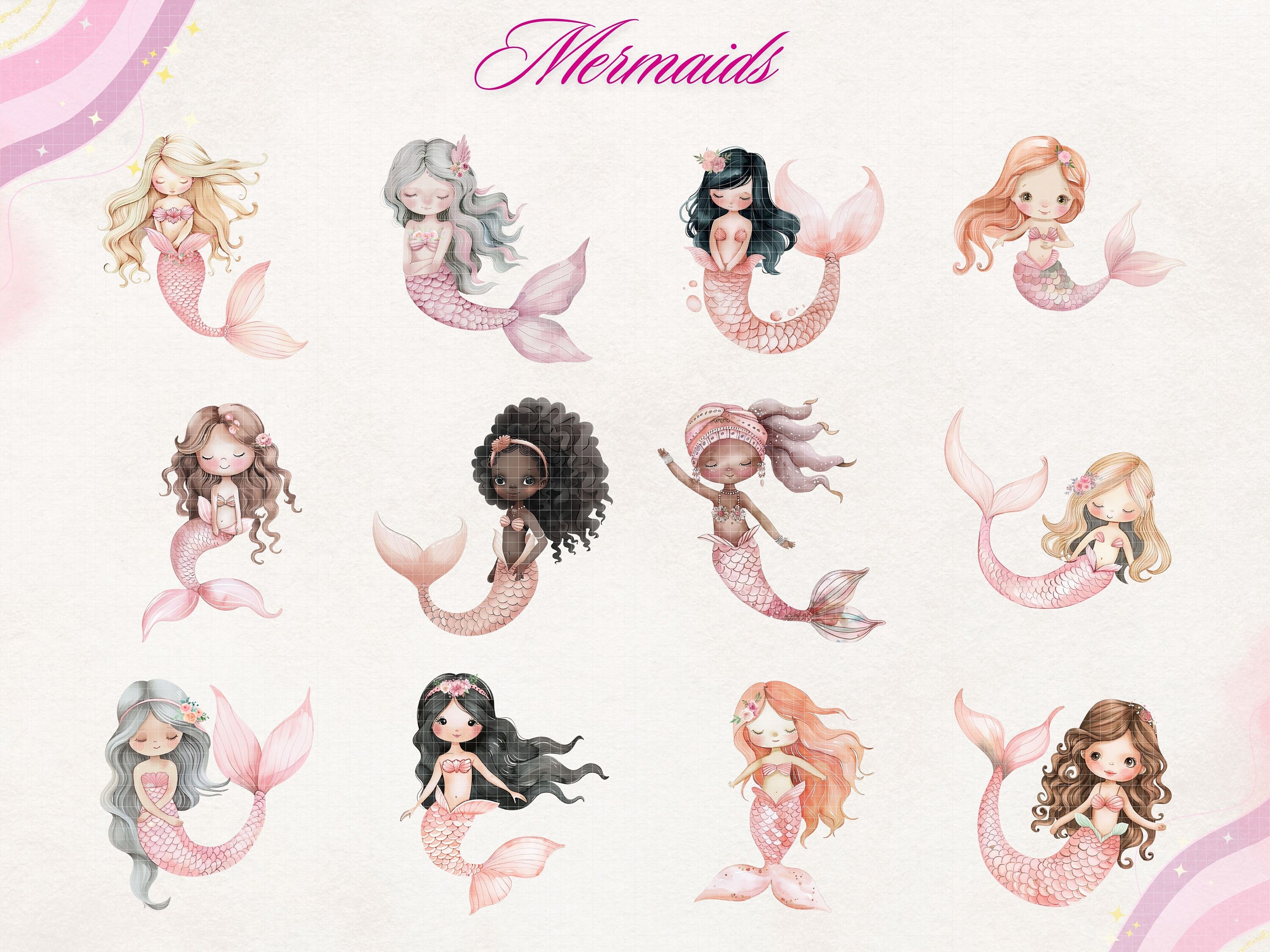 Watercolor Mermaid Clipart Mermaid Magic, Cute Mermaid Clipart, Sealife ...