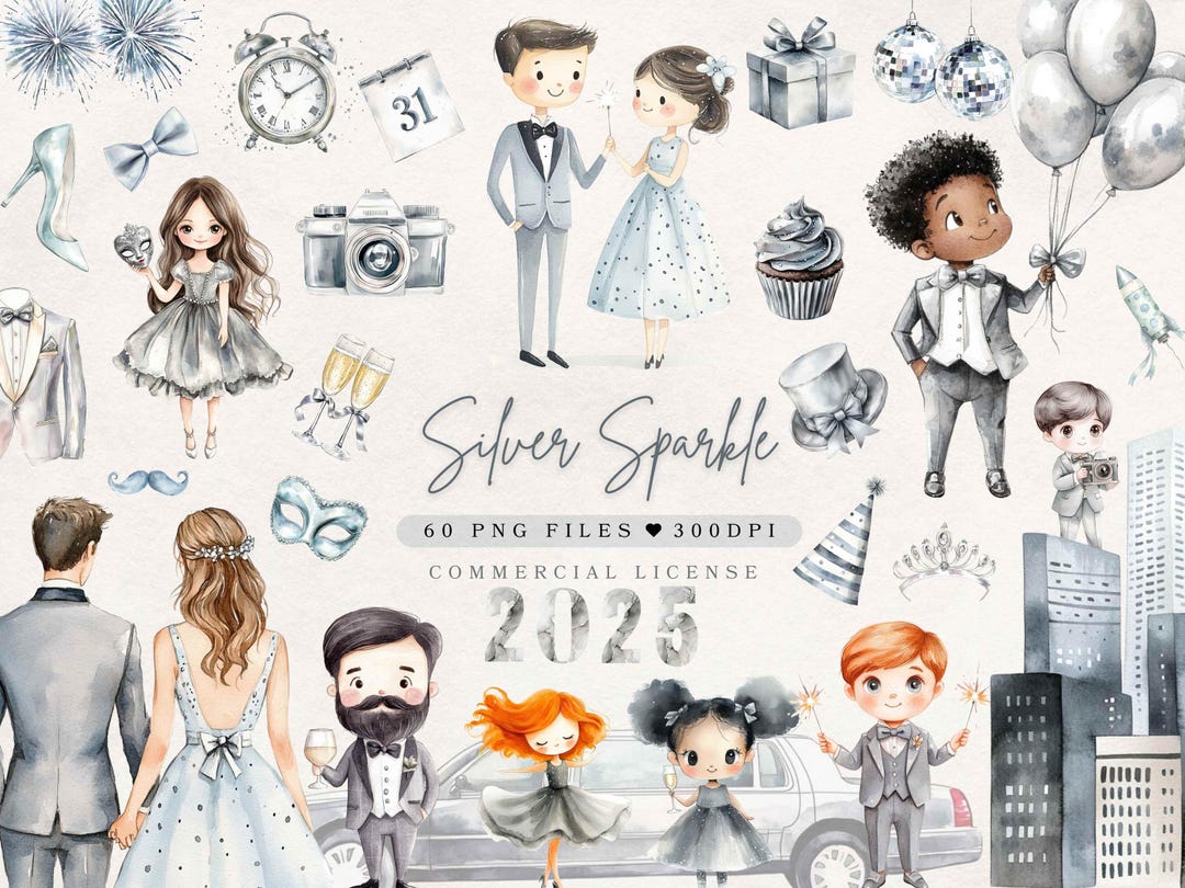 New Year Clipart Watercolor New Year PNG Silver New Year's Clipart ...