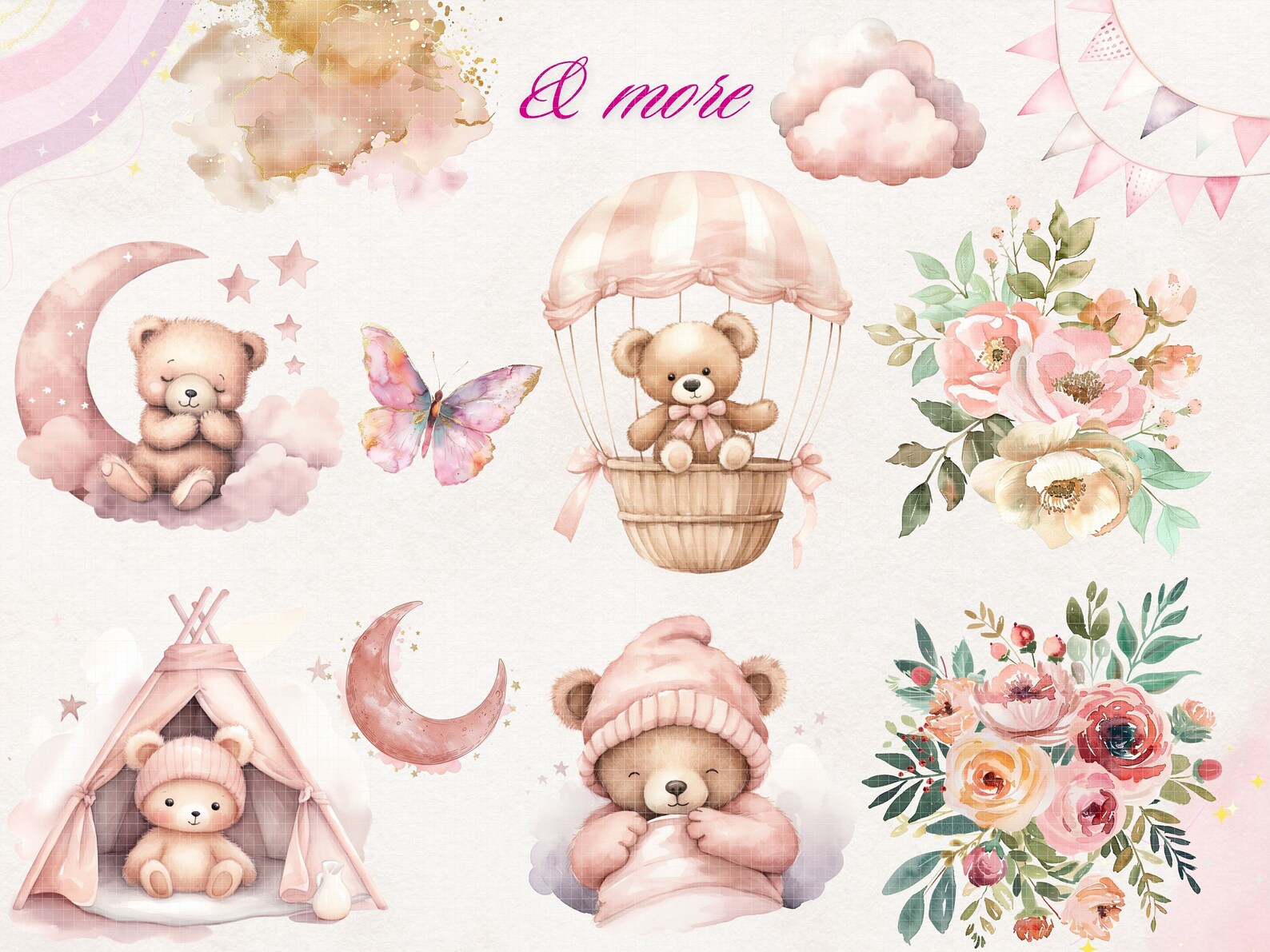 Watercolor Pink Teddy Bear Clipart Cute Teddy Bear Sleepy Teddy Bear ...