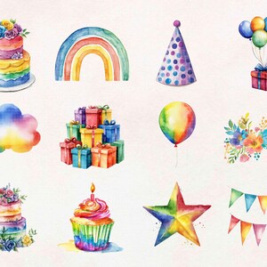 45 Watercolor Birthday Clipart Rainbow Birthday Decor Balloons Clipart ...