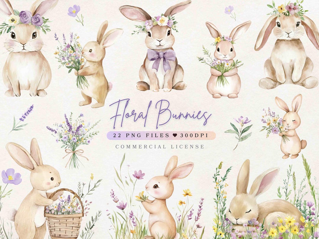 Watercolor Bunny Clipart Pastel Spring Bunny PNG Floral Bunnies and ...