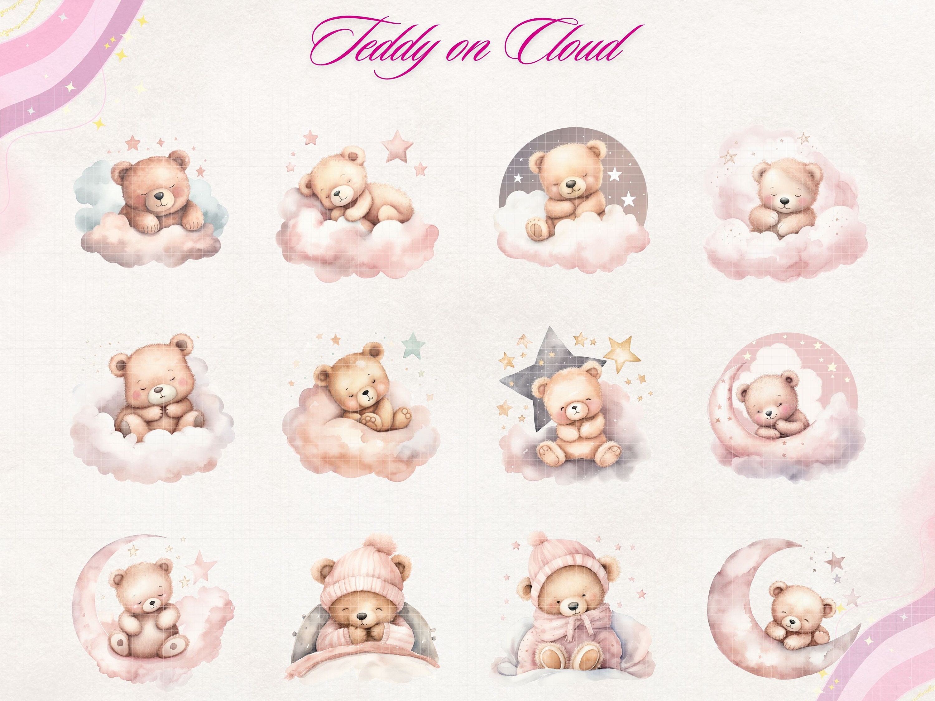 Watercolor Pink Teddy Bear Clipart Cute Teddy Bear Sleepy Teddy Bear ...