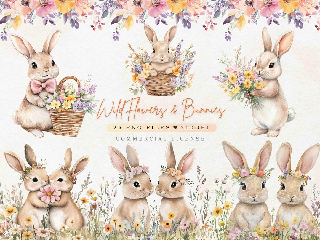 25 Floral Bunnies Clipart Watercolor Spring Bunnies With Wildflowers ...