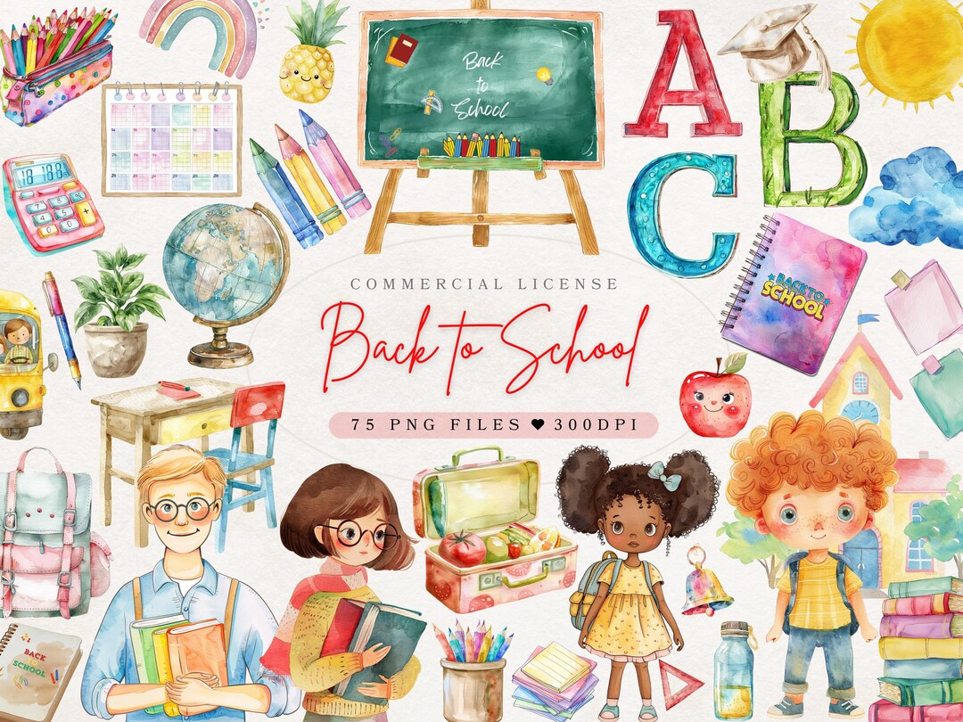 Watercolor School Clipart Back to School PNG School Supplies School ...