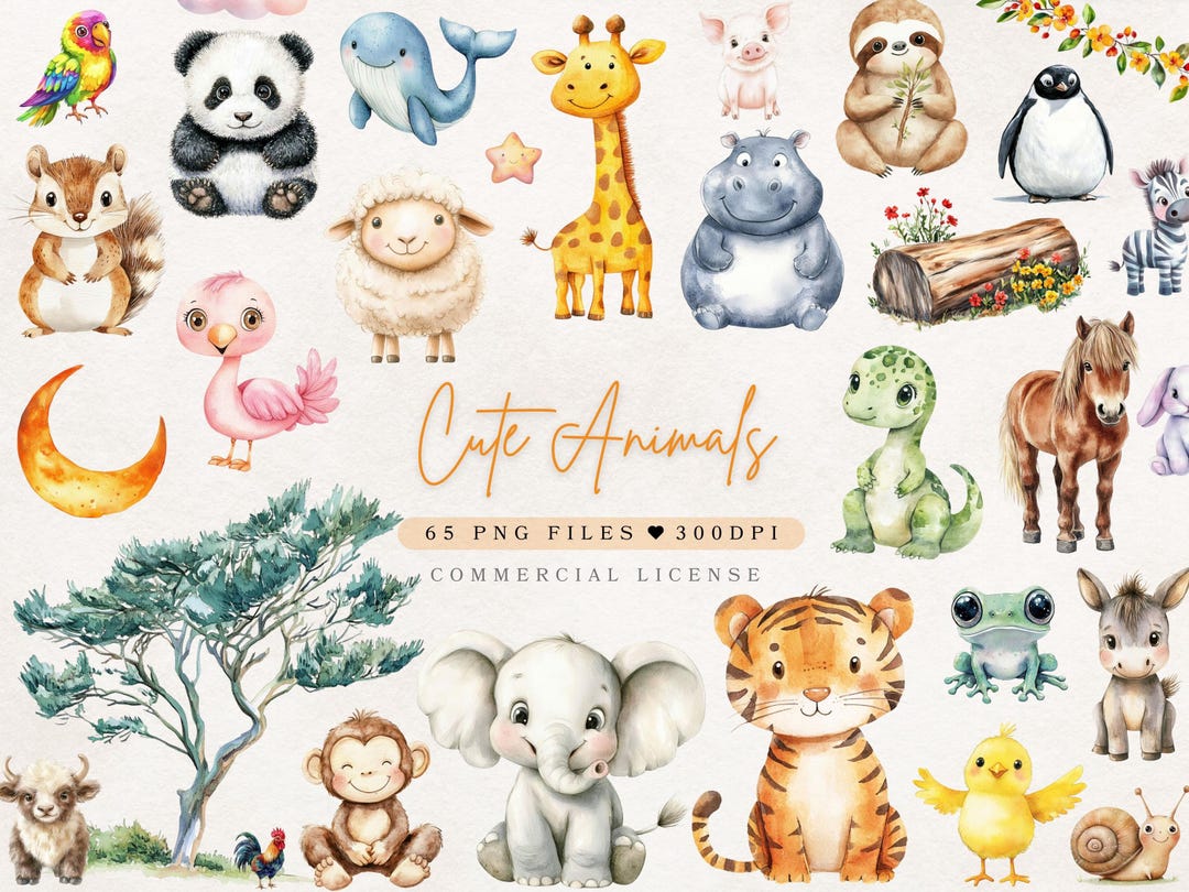 65 Cute Animals Clipart Watercolor Nursery Clipart Cute Nursery Animal ...