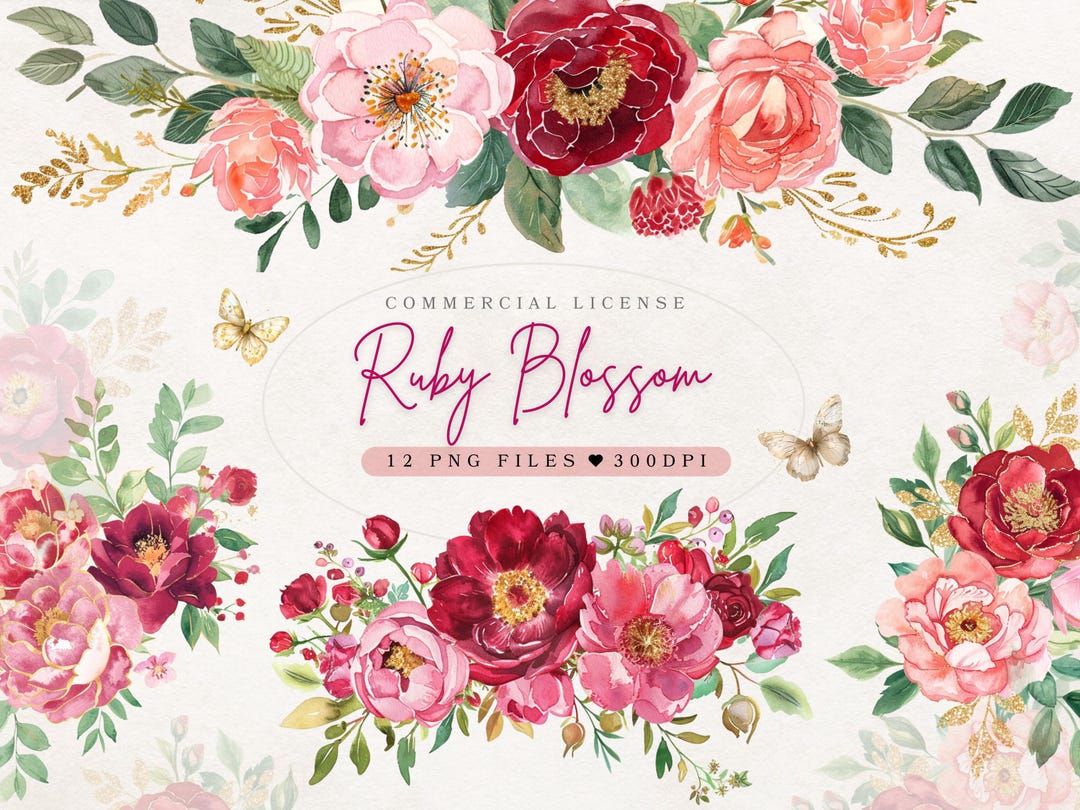 Ruby Blossom Floral Clipart Flower Border | Watercolor Flower Clipart ...