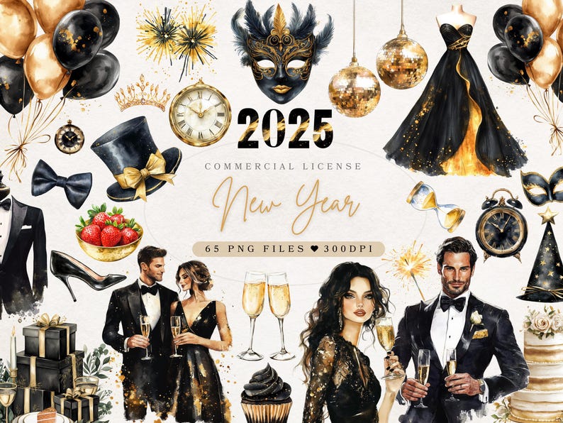 Watercolor New Year Clipart Black and Gold New Year Clipart New Year ...