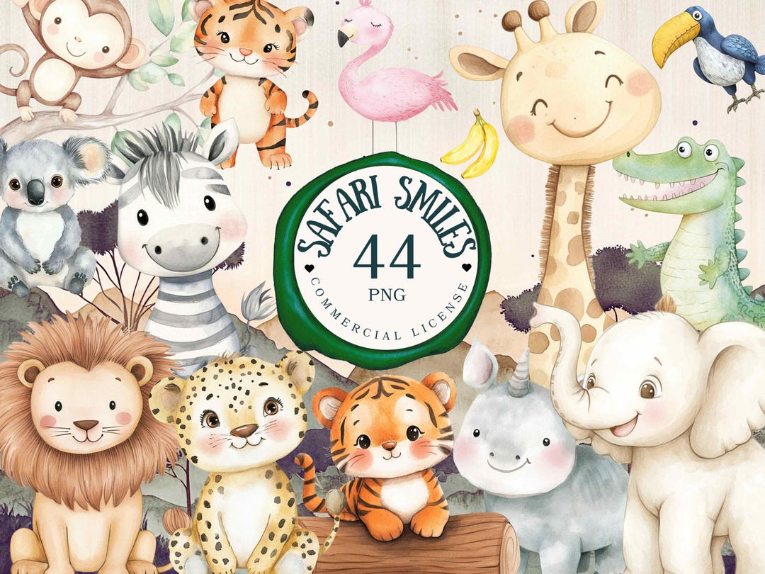 44 Watercolor Safari Animals Clipart Sweet Baby Animals Cute Nursery ...