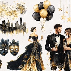 Watercolor New Year Clipart Black and Gold New Year Clipart New Year ...