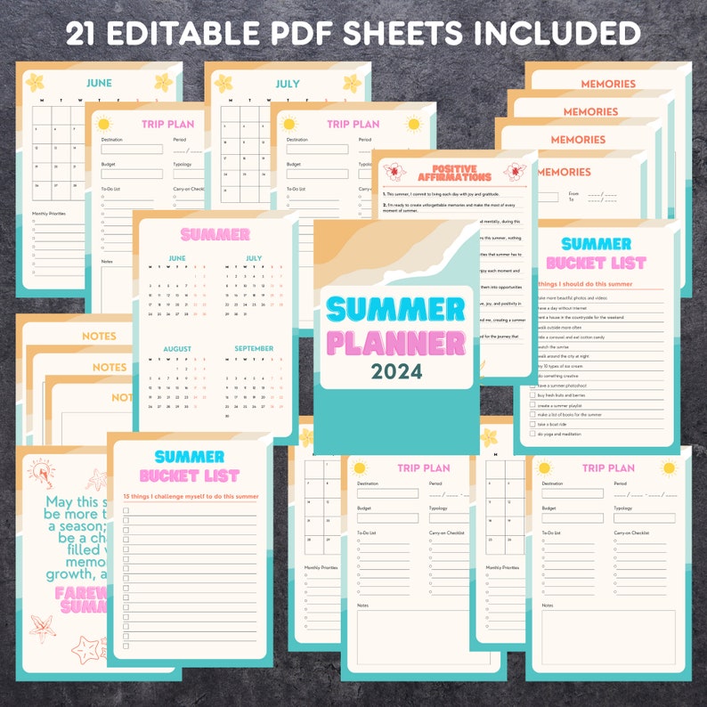 Editable 2024 Summer Planner, Printable Summer Task Planner, Bucket List, Summer Calendar ...