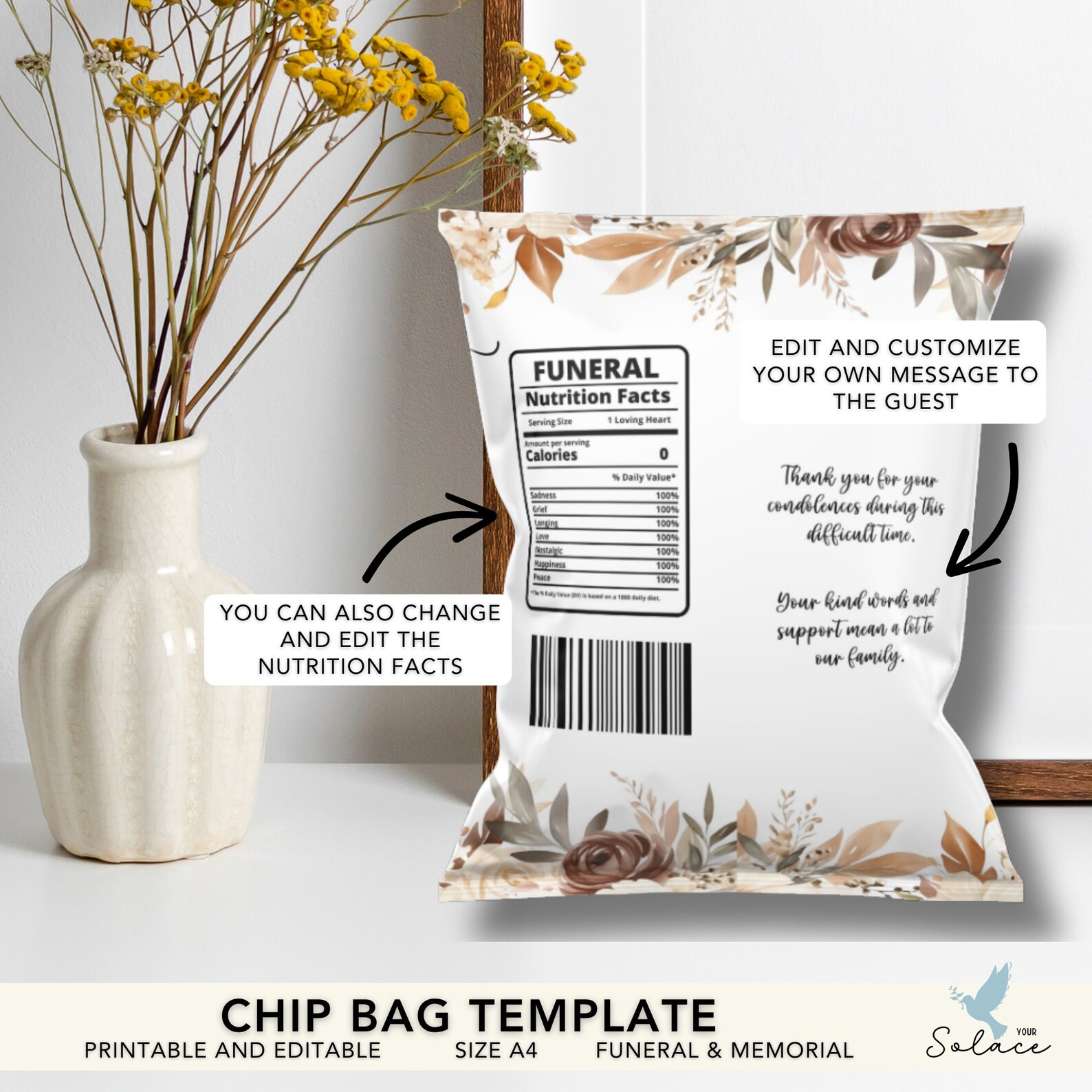 Boho Funeral Chip Bag Template, Custom Water Bottle Label Template ...