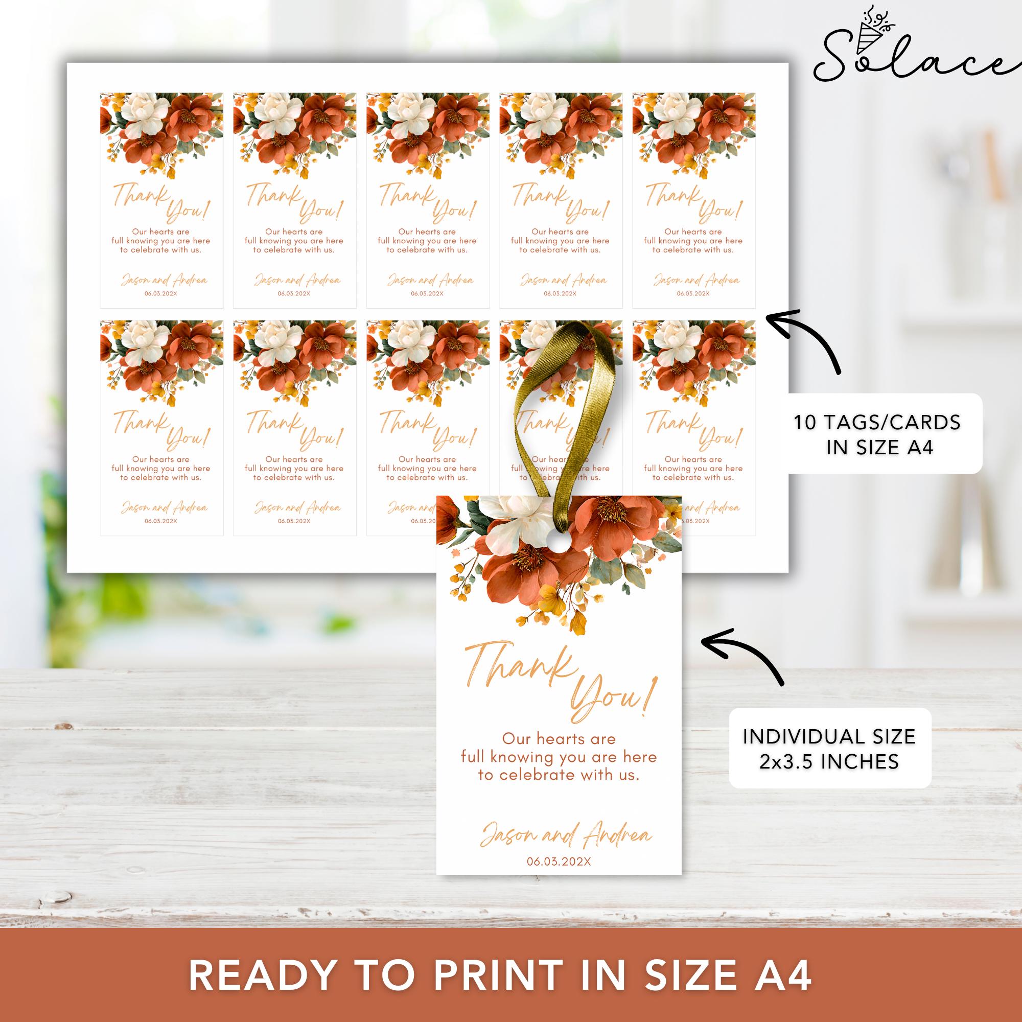 Burnt Orange Wedding Favor Gift Tags, Thank You Favor Tag, Printable ...