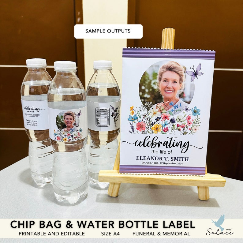 Boho Funeral Chip Bag Template, Custom Water Bottle Label Template ...