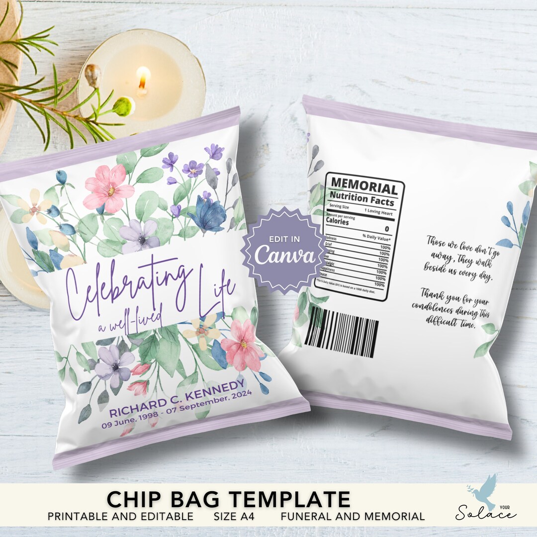 Memorial Chip Bag Template, Funeral Snack Bag, Memorial Party Favor ...
