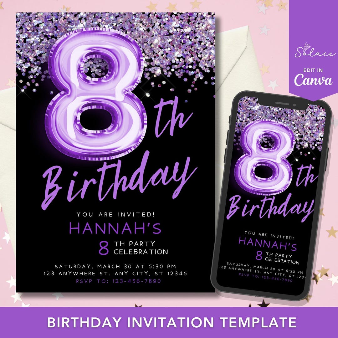 8th Birthday Invitations, Purple Glitter Invitation, 8th Party Invite ...
