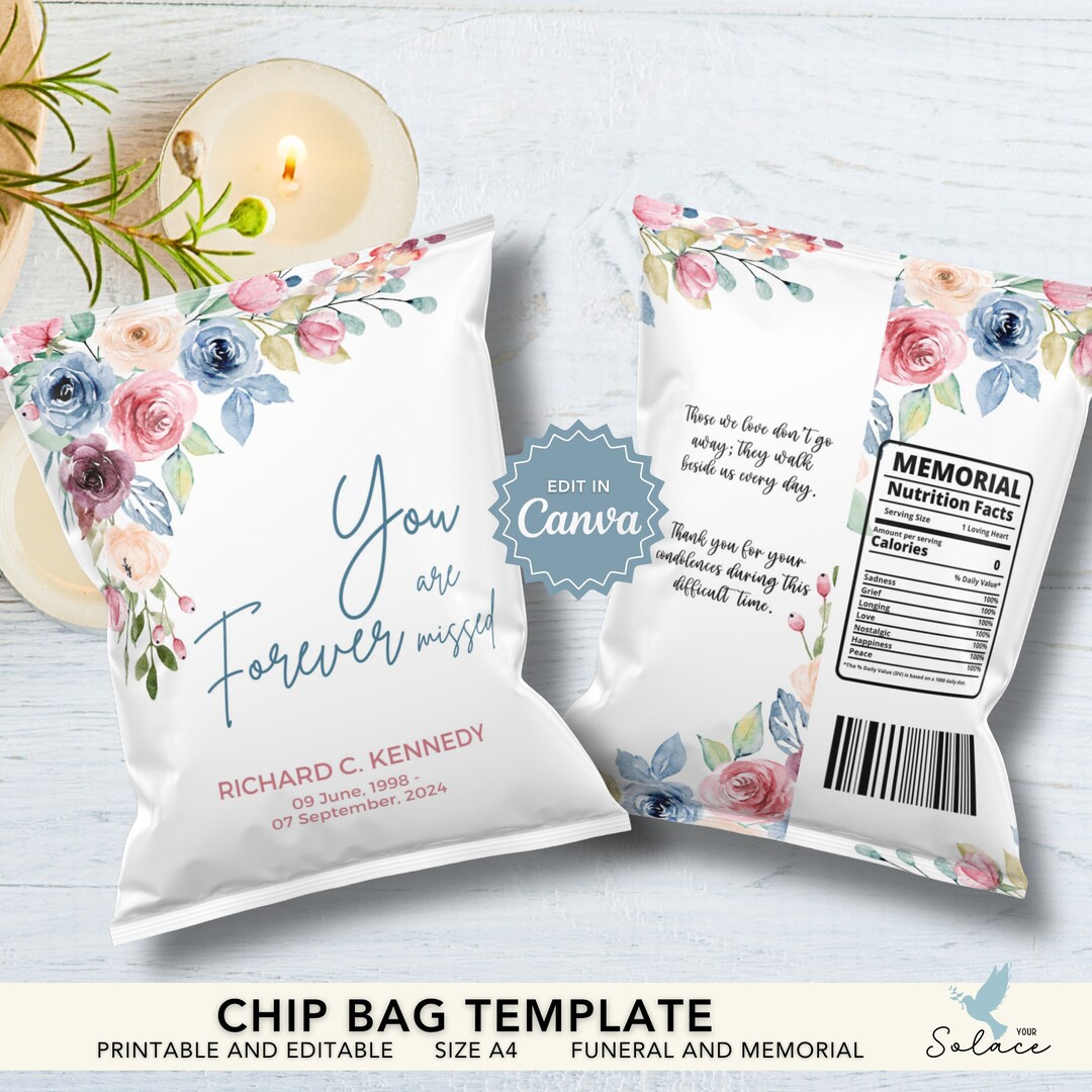 Floral Spring Summer Funeral Chip Bag Template, Funeral Snack Bag ...