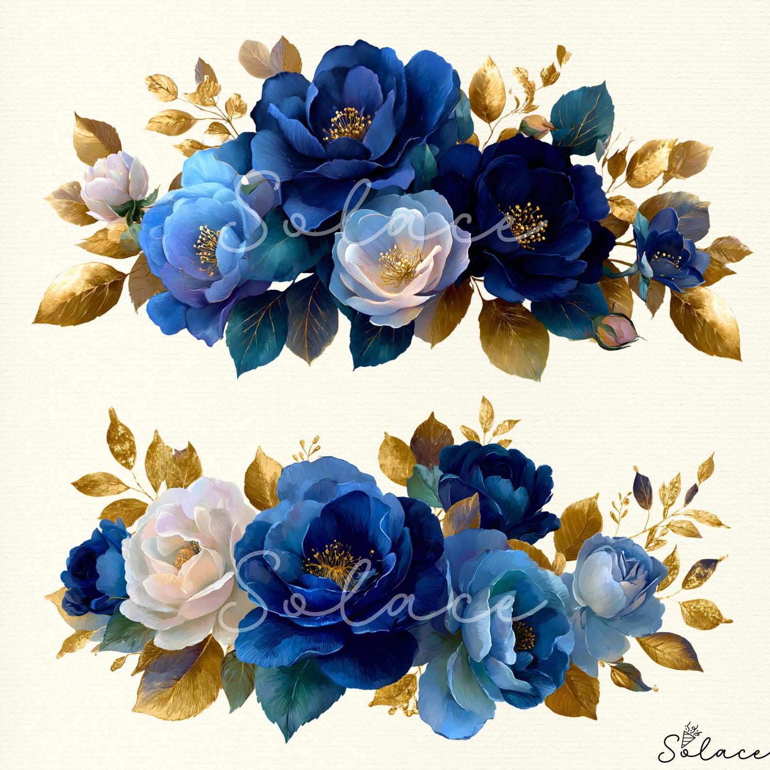 Royal Blue and Gold Flowers Clipart, Roses and Peony Watercolor Flowers ...