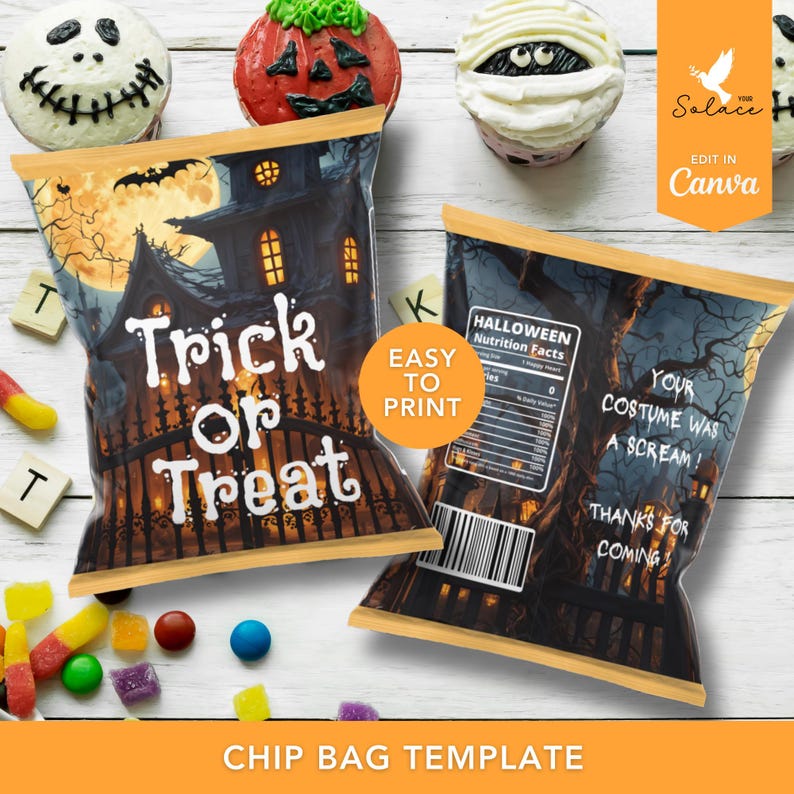 Spooky Halloween Chip Bag Template, Trick or Treat Bags, Halloween ...