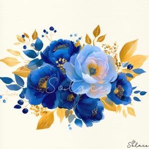 Royal Blue and Gold Flowers Clipart, Roses and Peony Watercolor Flowers ...