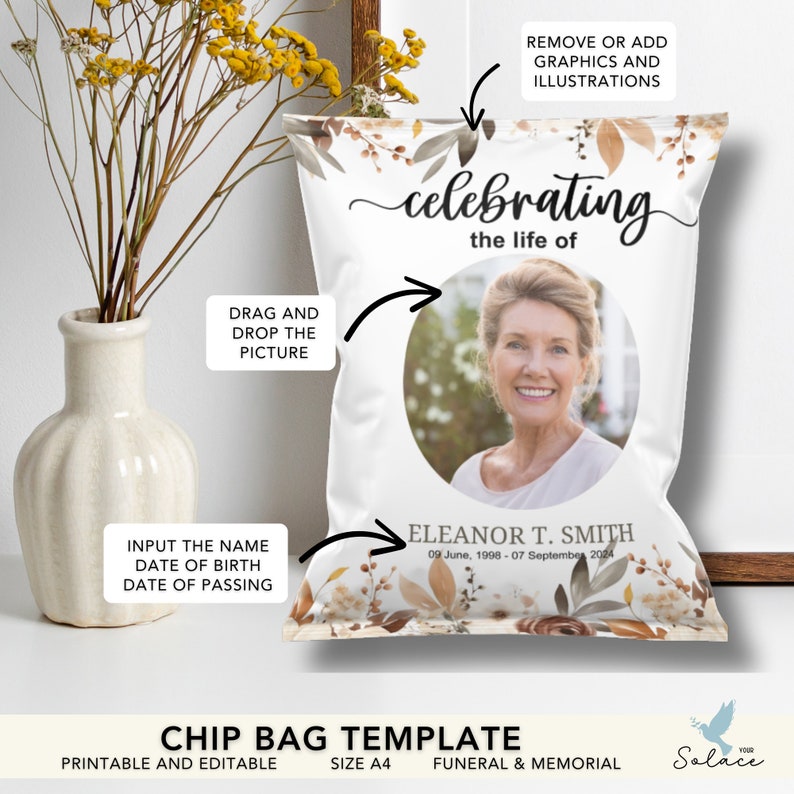 Boho Funeral Chip Bag Template, Custom Water Bottle Label Template ...