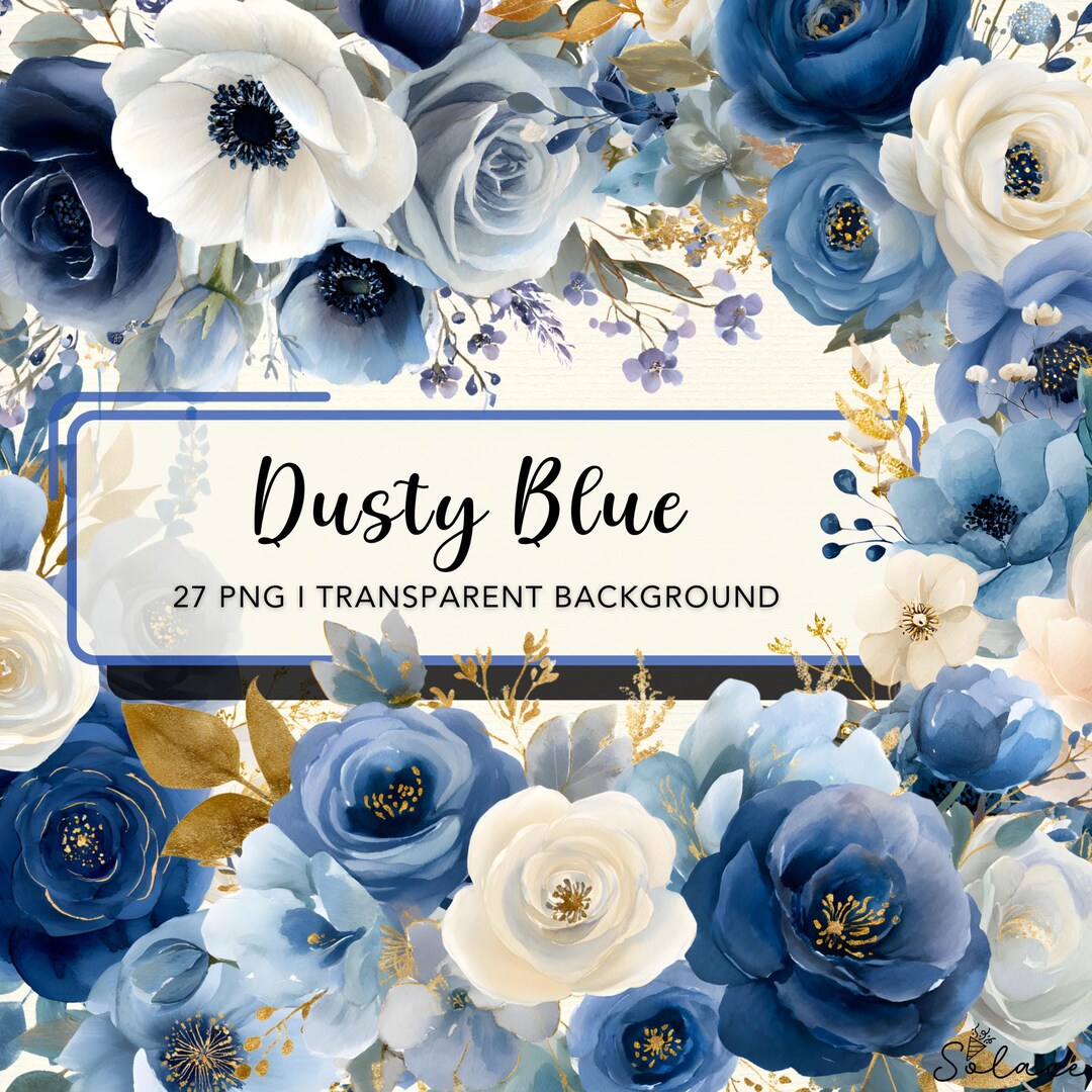 Dusty Blue and Gold Flowers Clipart, Roses and Peony Watercolor Flowers ...