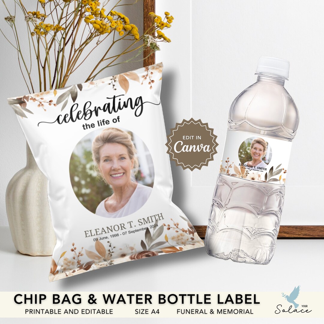 Boho Funeral Chip Bag Template, Custom Water Bottle Label Template ...