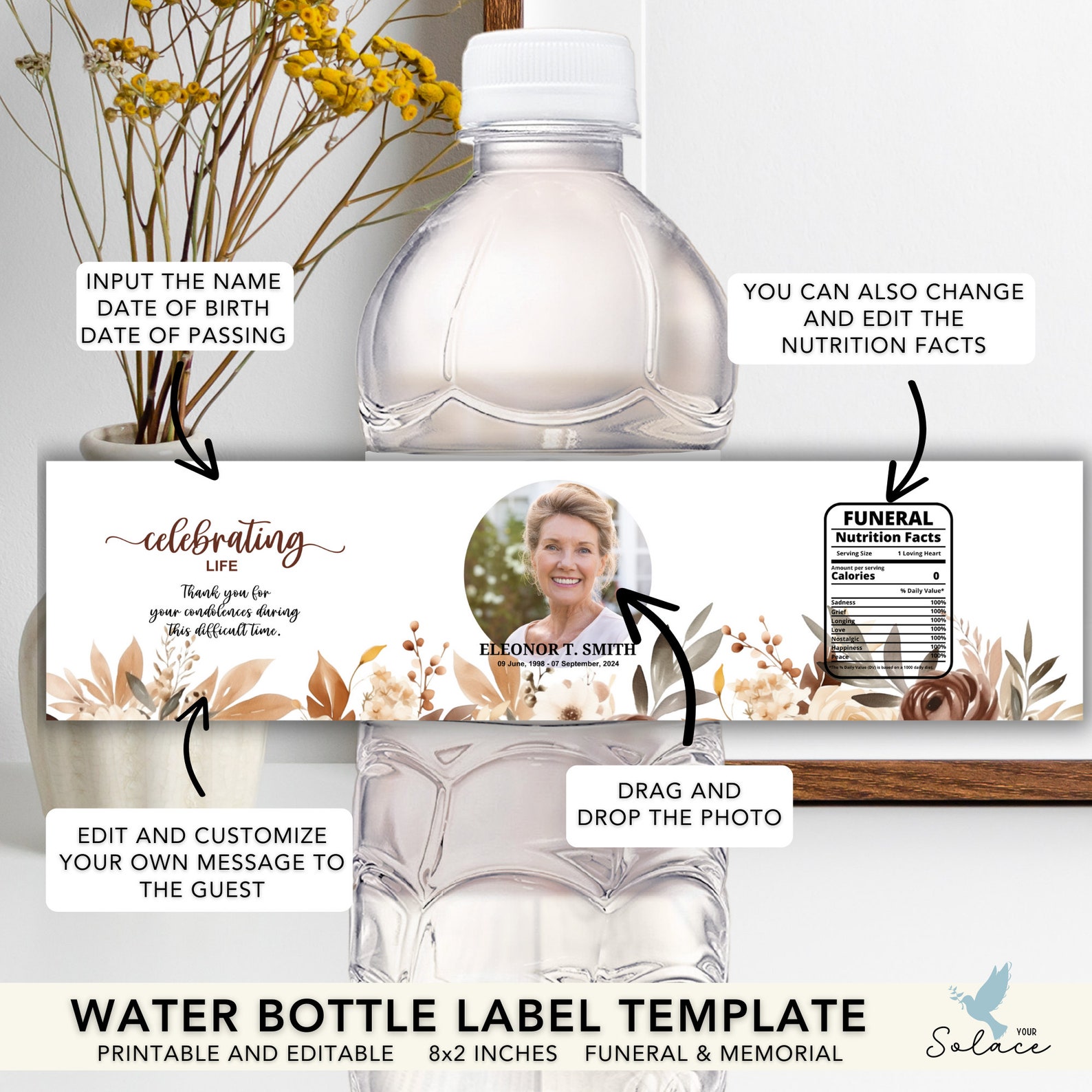 Boho Funeral Chip Bag Template, Custom Water Bottle Label Template ...