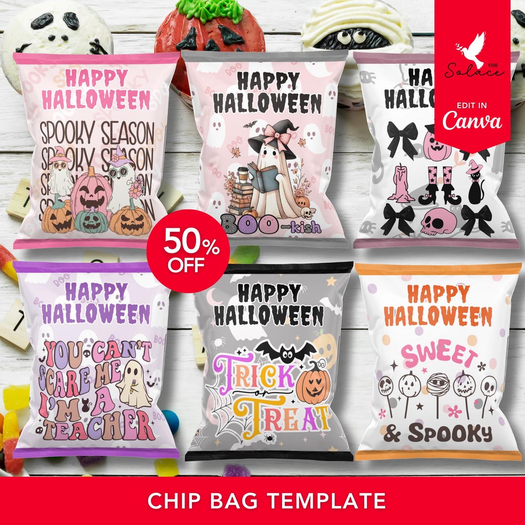 6 Halloween Chip Bags Template, Spooky Trick or Treat Bags, Halloween ...