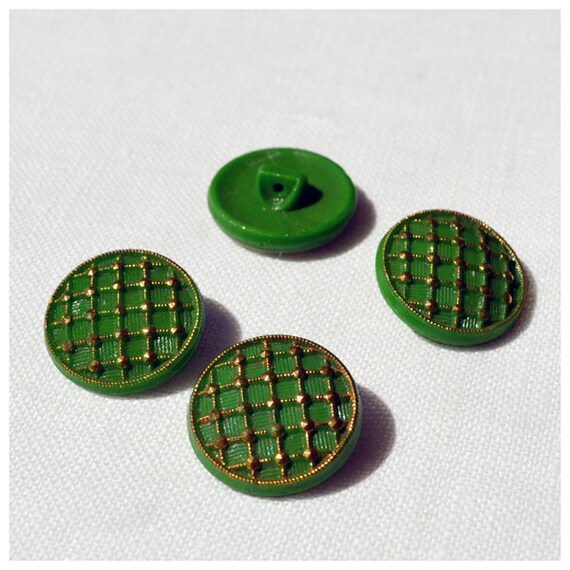 Sewing Buttons 3/4 Green Grid With Gold Accents Glass | Etsy
