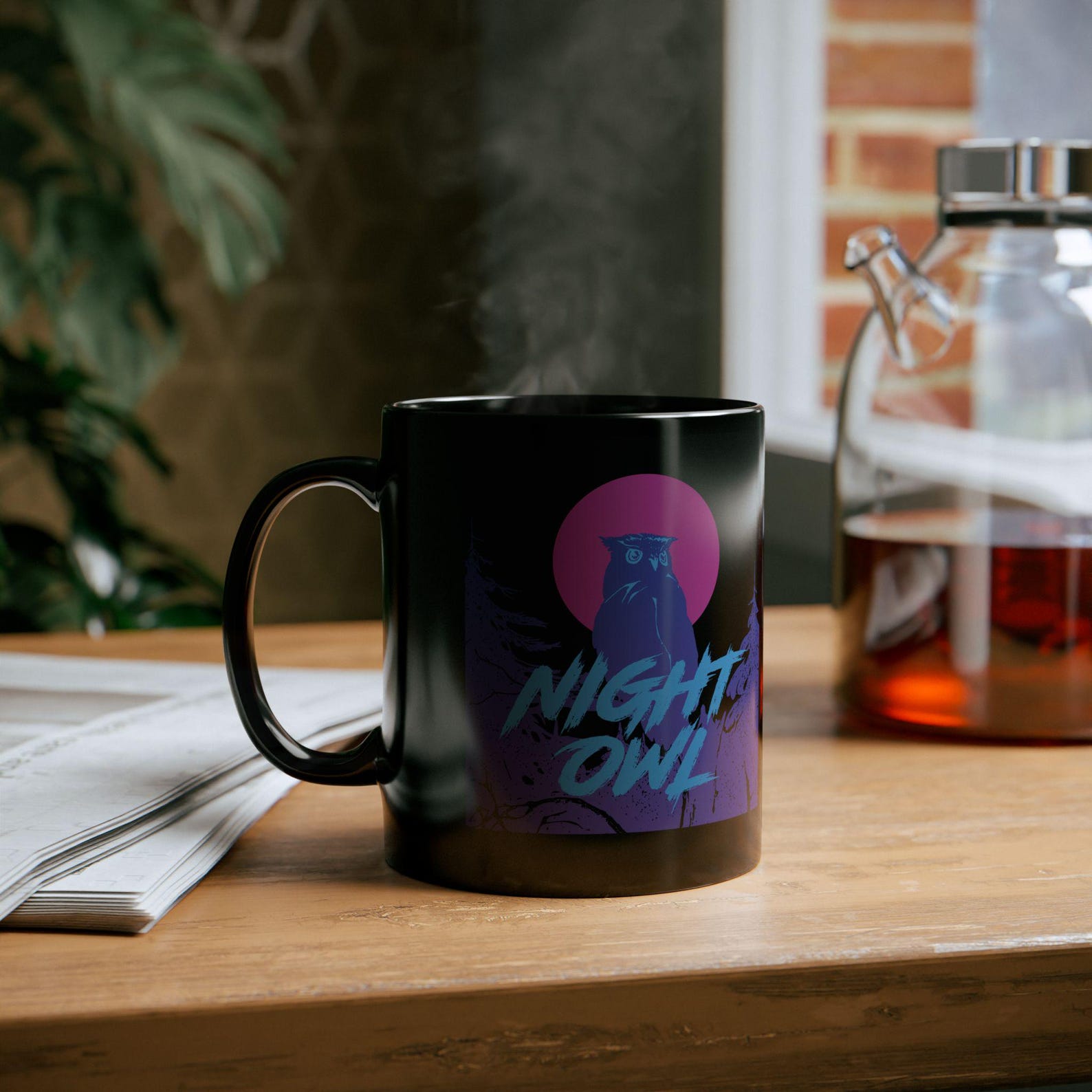 Night Owl Black Ceramic Mug 11oz - Nocturnal, Late, Nighttime, Neon ...