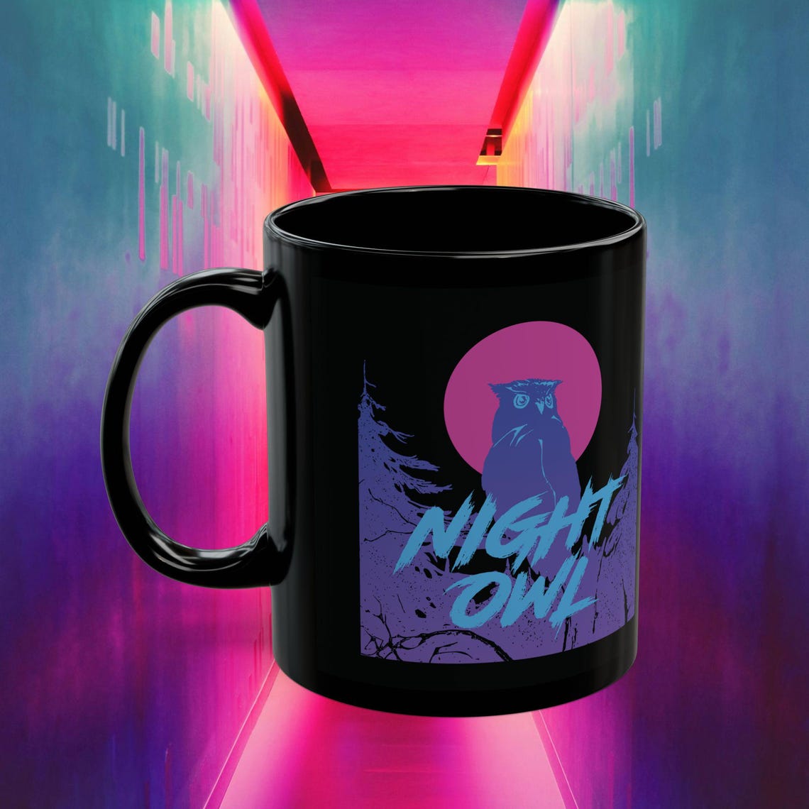 Night Owl Black Ceramic Mug 11oz - Nocturnal, Late, Nighttime, Neon ...