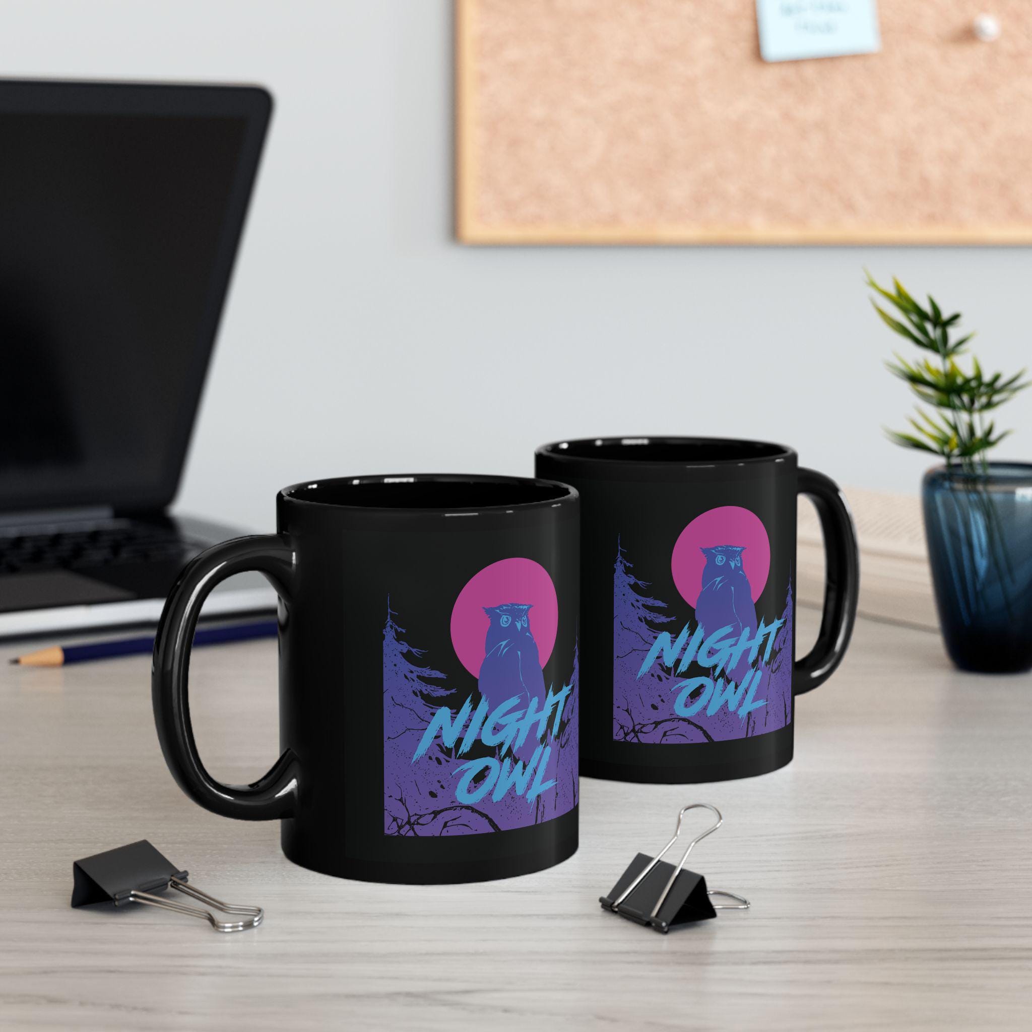 Night Owl Black Ceramic Mug 11oz - Nocturnal, Late, Nighttime, Neon ...