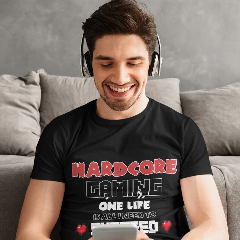 Gamer T Shirt Hardcore Gaming Logo One Life Hardcore Game Mode Passion ...