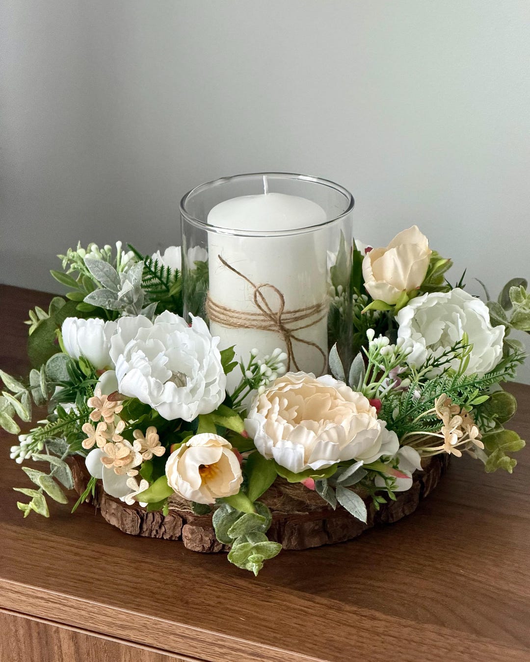 Spring Floral Candle Holder Centerpiece, Neutral Farmhouse Table Decor ...
