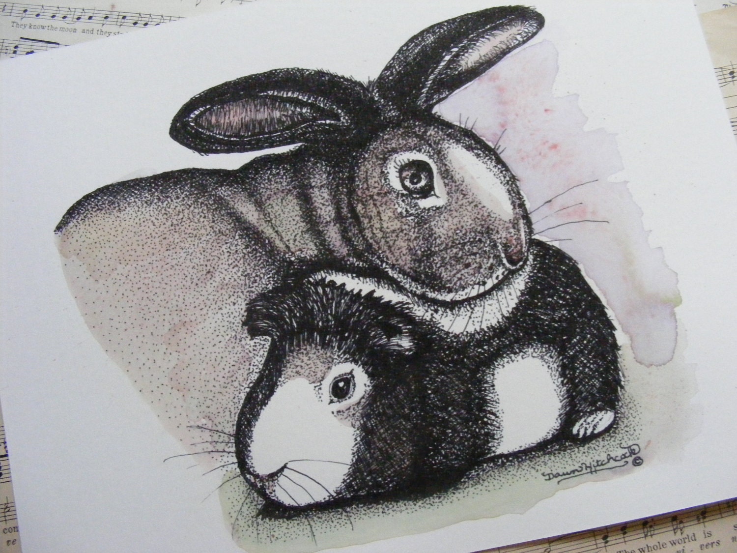 ORIGINAL Watercolor Painting Pen N Ink Drawing Of Bunny Rabbit | Etsy