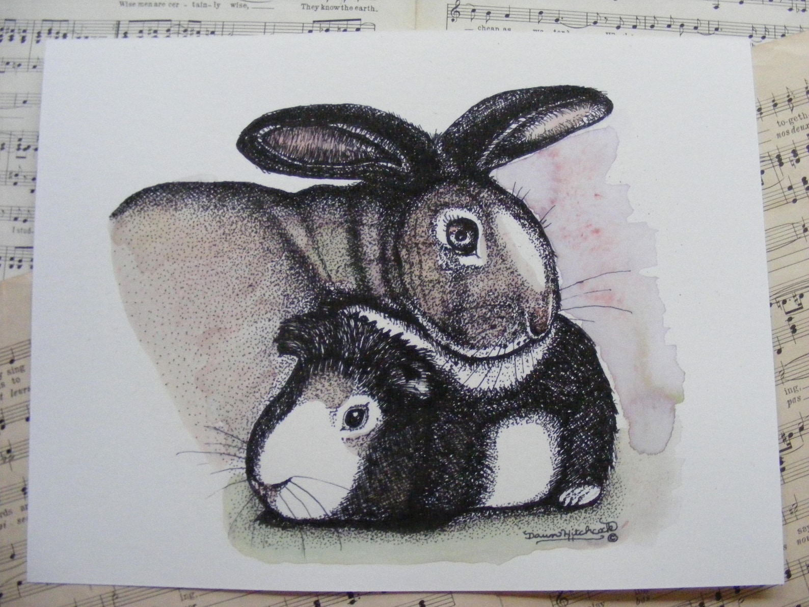 ORIGINAL Watercolor Painting Pen N Ink Drawing of Bunny Rabbit - Etsy