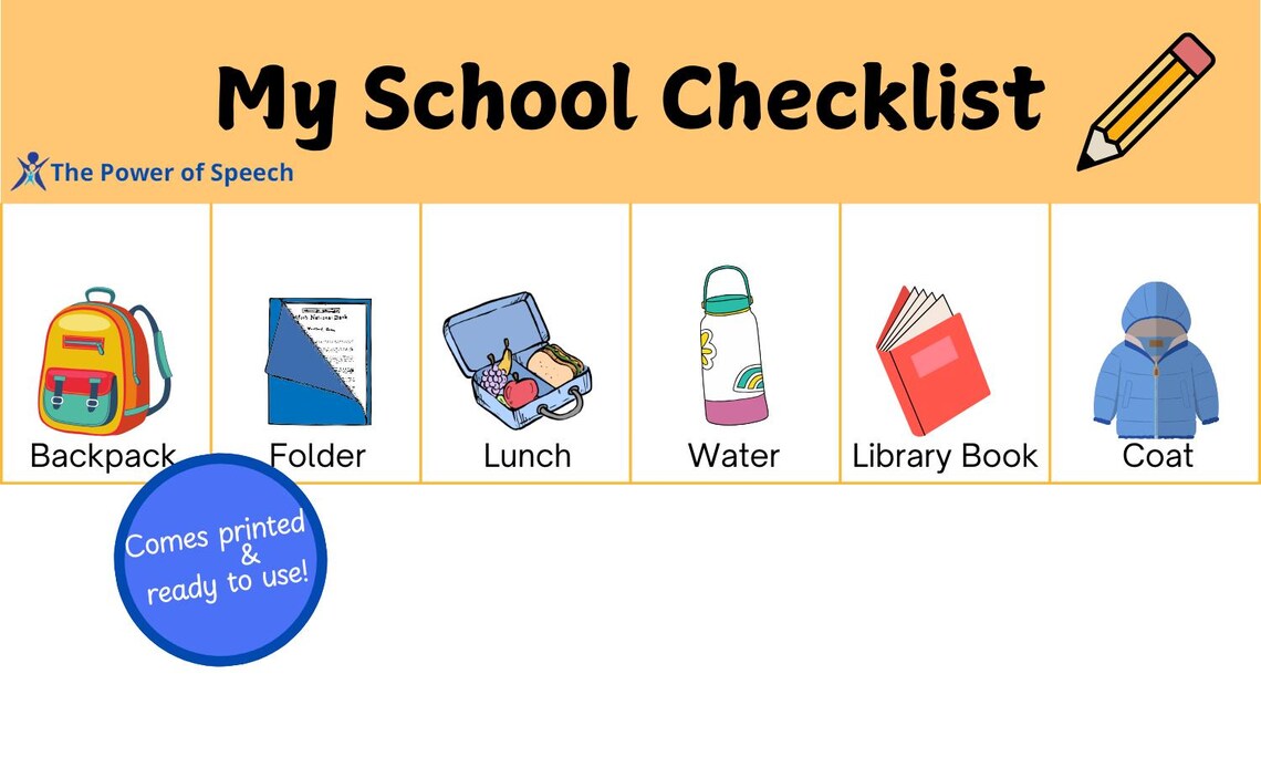 Kids Printed " My School Checklist" Flip-up Routine Chart/visual School ...