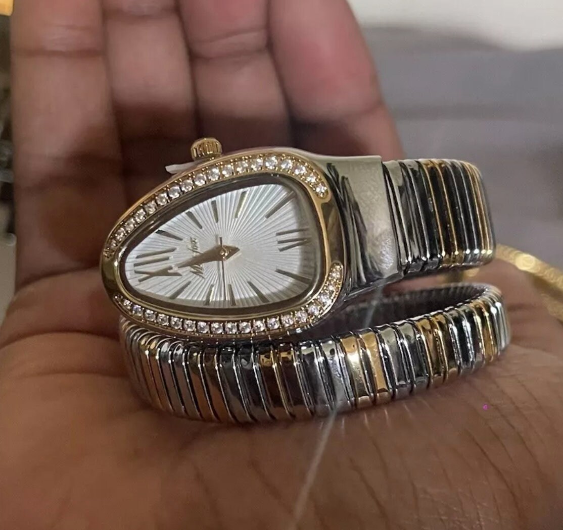 Snake Gold & Silver Watch Cobra Bangle Bracelet, Quartz Movement ...