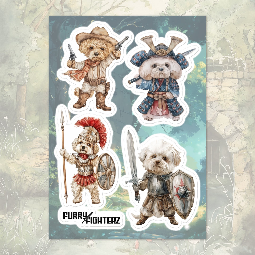 FURRY FIGHTERZ: Mighty Maltese Poodle Sticker Set - Cowboy, Samurai ...