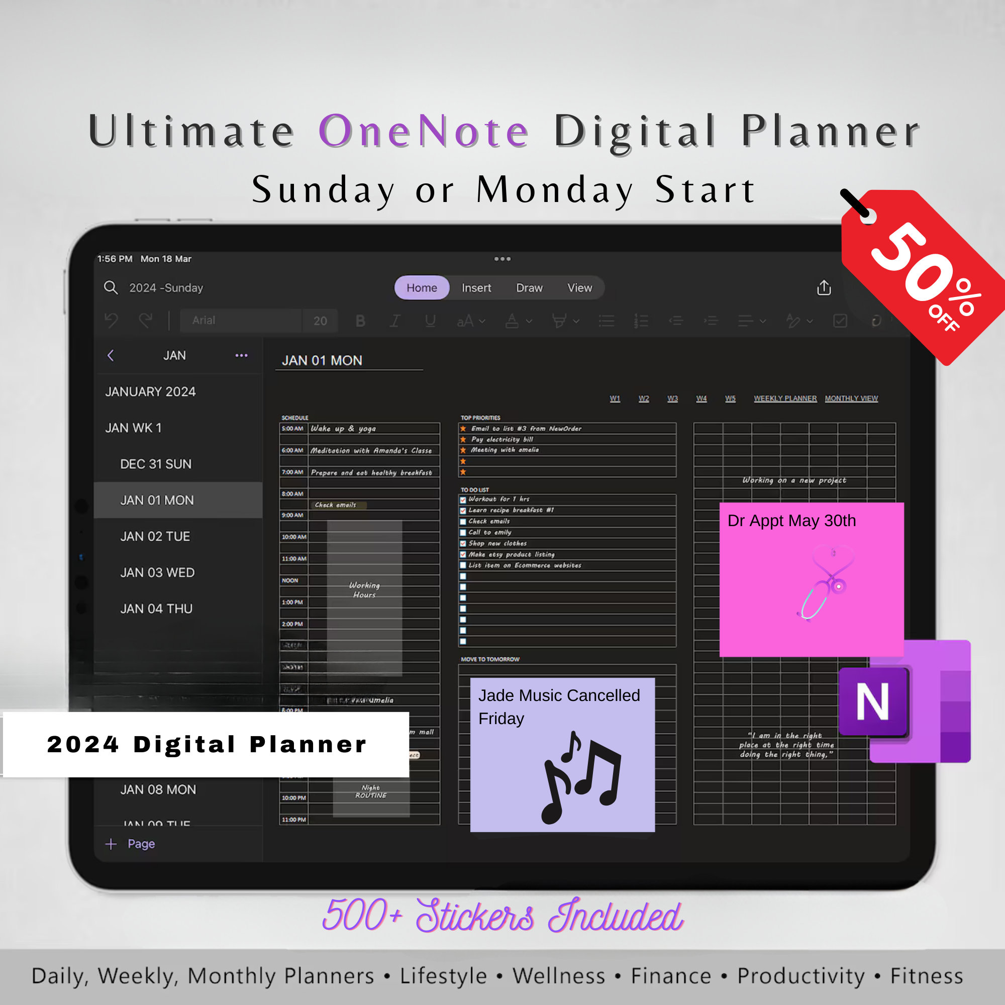 Onenote Planner, 2024 Digital Planner, Onenote Template, Daily, Weekly ...