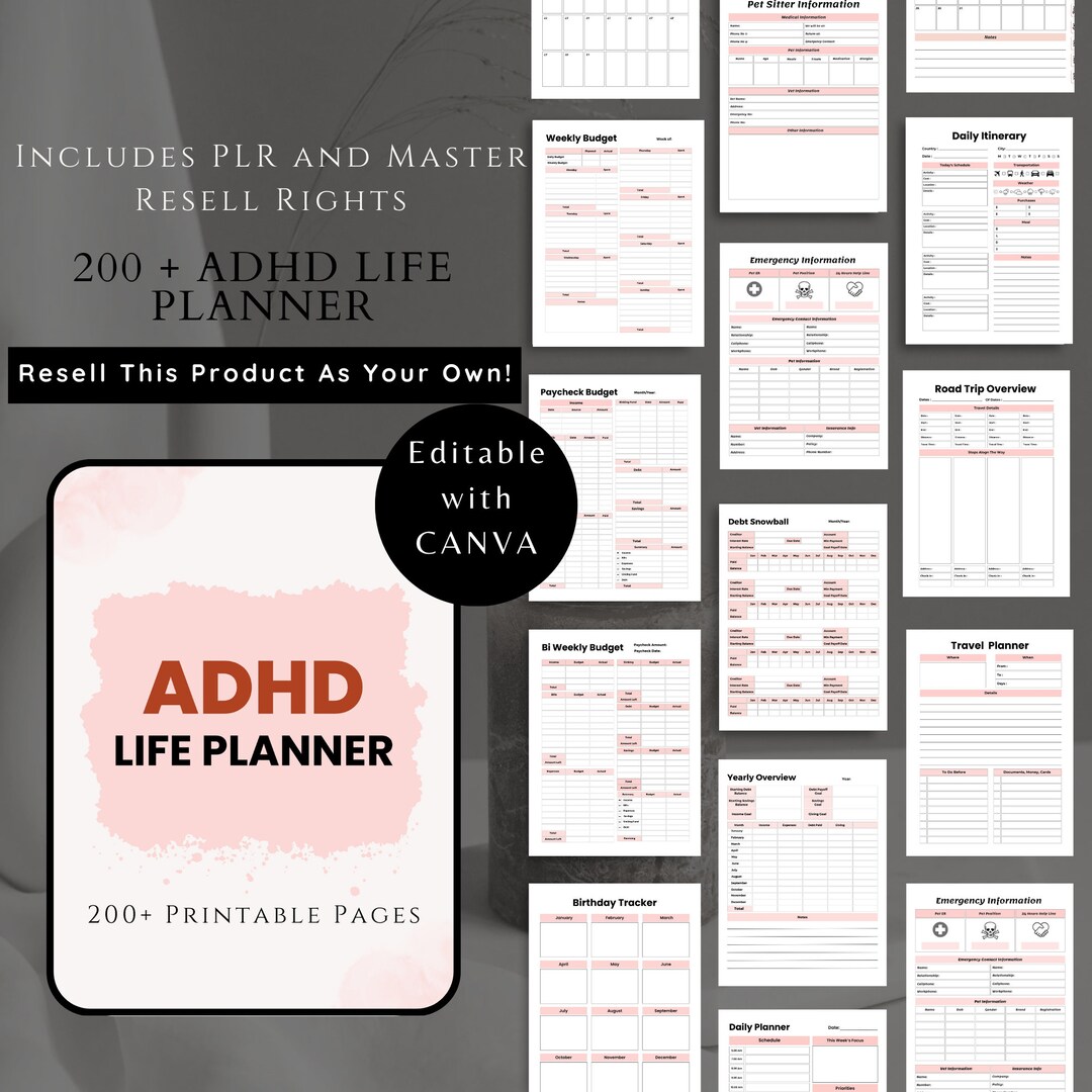 PLR ADHD Planner Resellable Commercial ADHD Journal Editable Canva ...