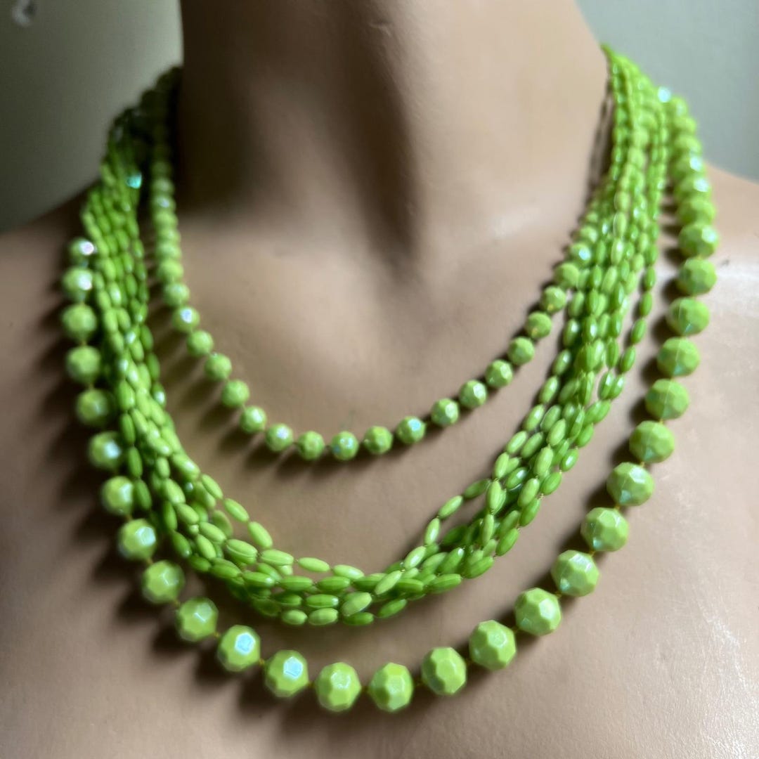 1960s Multi Strand Lime Green Bead Necklace Chartreuse Mid Century ...