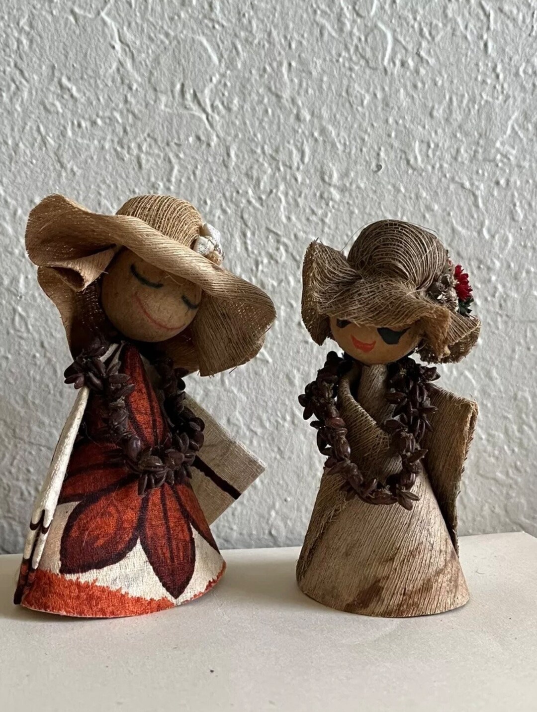 Vintage Hawaiian Handmade Dolls, Lot of Two, Coconut Fiber, Barkcloth ...