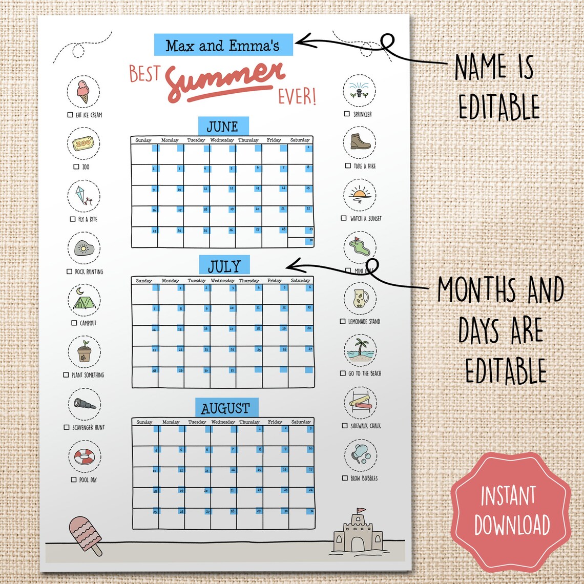 Printable Summer Countdown Poster, Summer Calendar Poster, Kids Summer ...