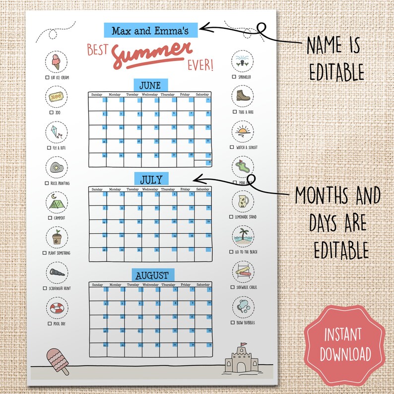 Printable Summer Countdown Poster, Summer Calendar Poster, Kids Summer ...