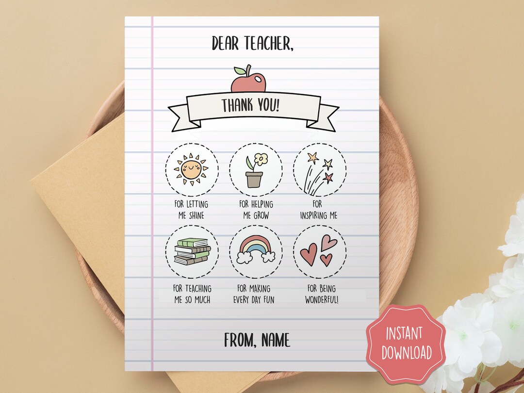 Printable Teacher Card, Teacher Appreciation Card, Editable Teacher ...