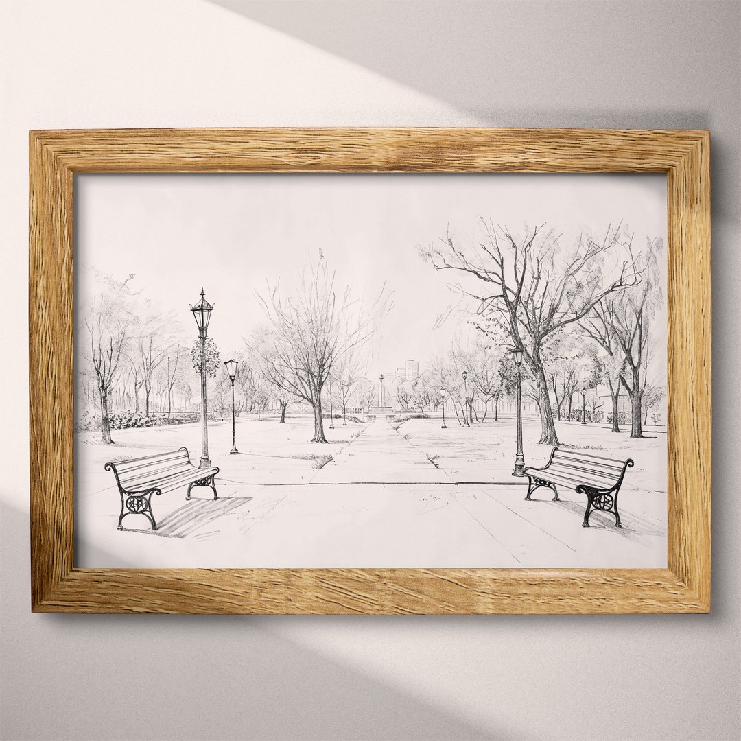 Park Benches PRINTABLE Download Landscape Decor Landscapes Print Gray ...