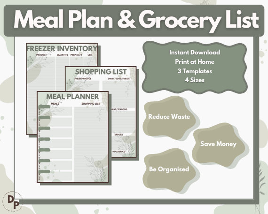 Printable Meal Planner and Grocery List, Freezer Tracker Template, Pantry Restock, Family Meal ...